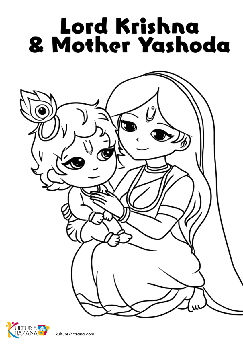 Lord Krishna and Yashoda Ma Coloring Page Printable – Kulture Khazana